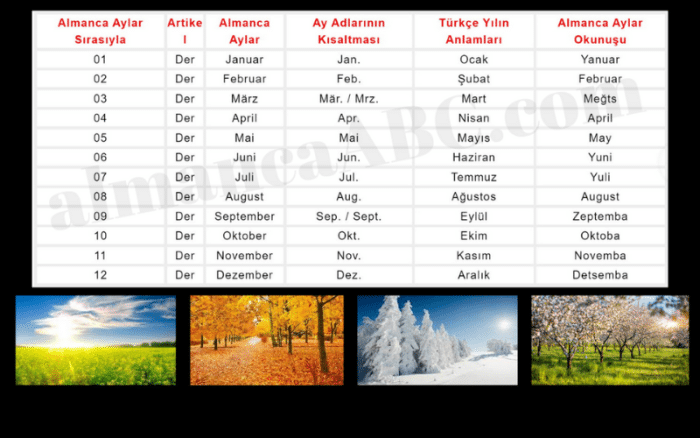Almanca Aylar & Mevsimler (Yazma, Okuma, 50 Örnek)